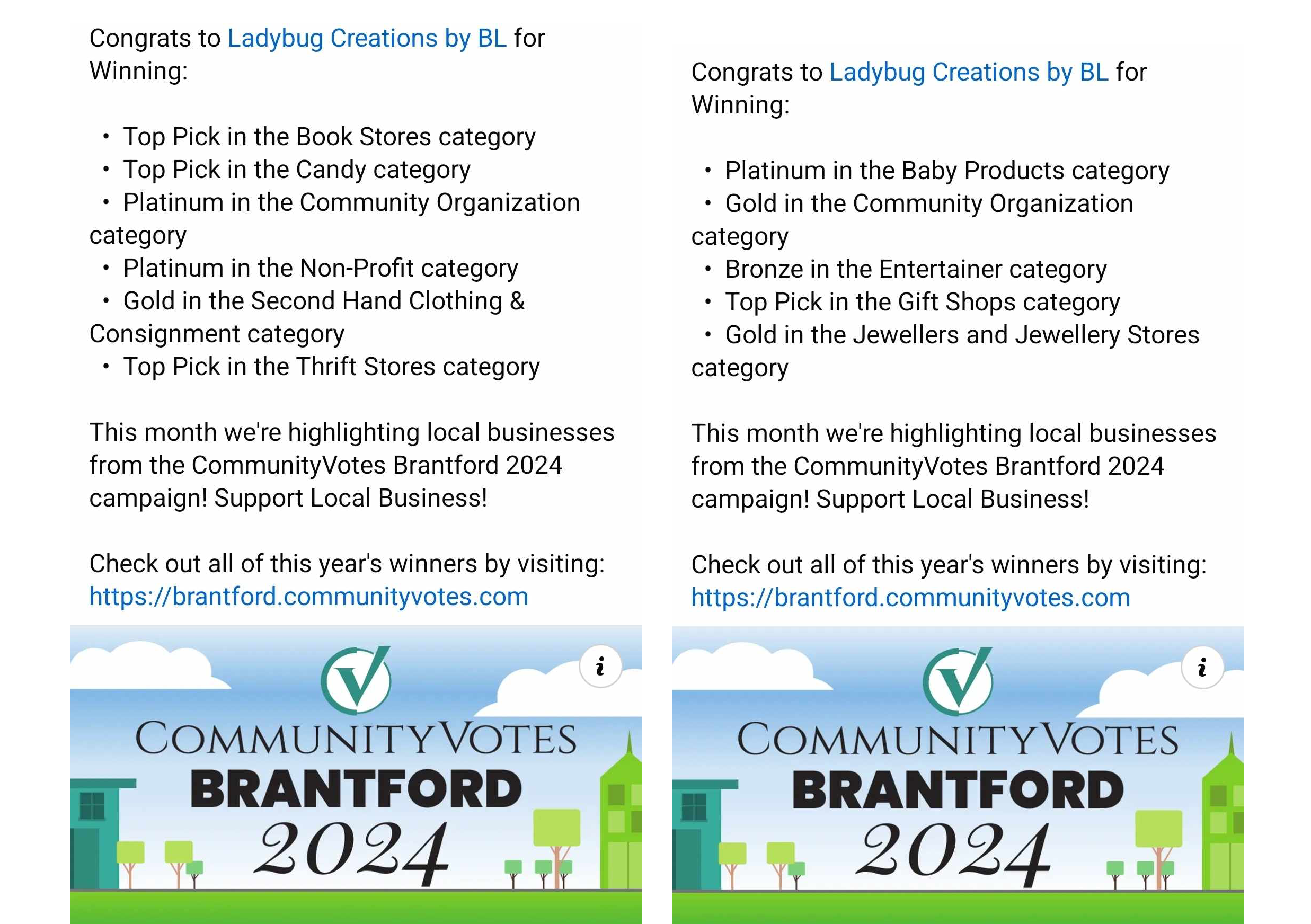 Bl is celebrating Victory in Brantford Community Votes!